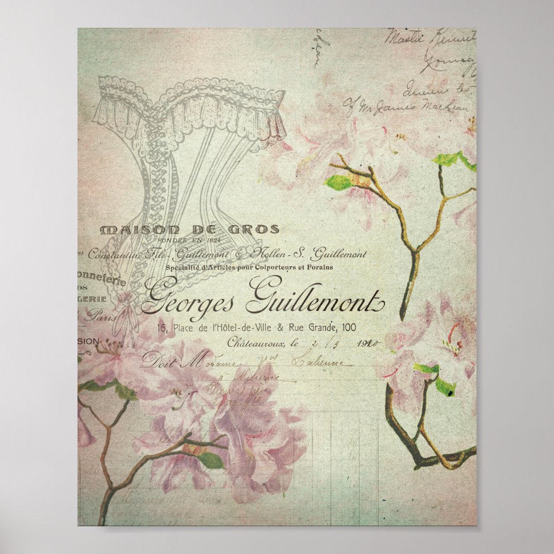 Vintage Chic French Script Shabby Flowers Corset Poster | Zazzle