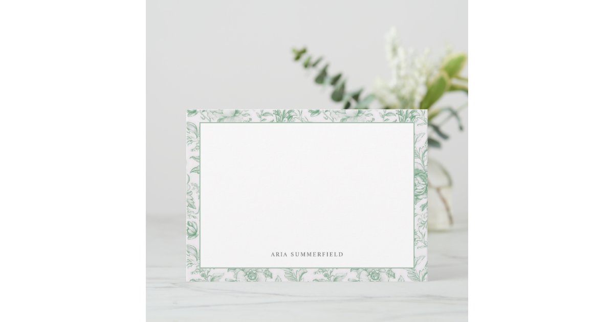 Vintage Chic Green and White Floral Toile Border Note Card | Zazzle