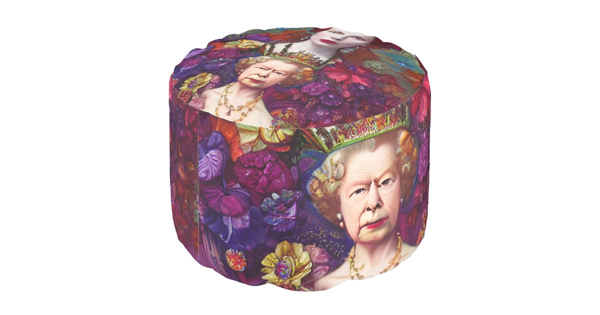 Vintage Chic Queen Elizabeth II Royal Blue and Red Pouf | Zazzle