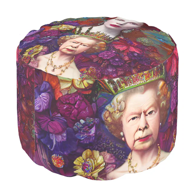 Vintage Chic Queen Elizabeth II Royal Blue and Red Pouf | Zazzle