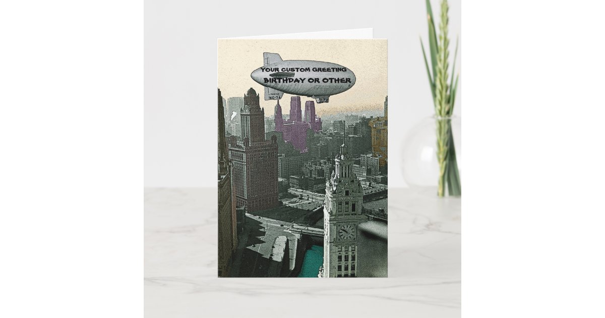 VINTAGE CHICAGO BLIMP OVER CITY COMIC BIRTHDAY PIC CARD | Zazzle