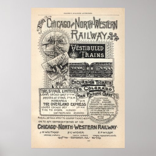 Vintage Chicago North Western Railway Ad from 1888 Poster | Zazzle