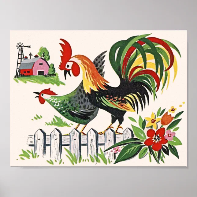 Vintage Chicken Print Rooster and Hen on the Farm | Zazzle
