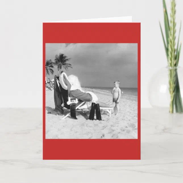 Vintage Child Looking at Santa on Beach Card | Zazzle