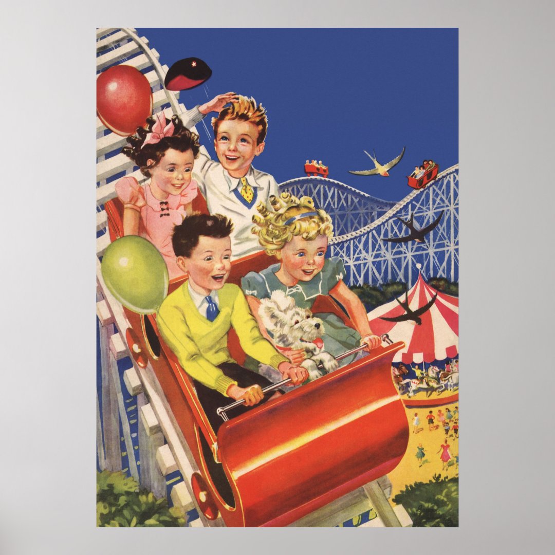 Vintage Children Balloons Dog Roller Coaster Ride Poster | Zazzle