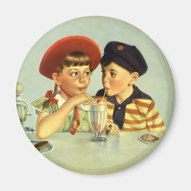 Vintage Children, Boy and Girl Sharing a Shake Magnet | Zazzle