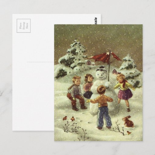 Vintage Children Making a snowman Postcard | Zazzle