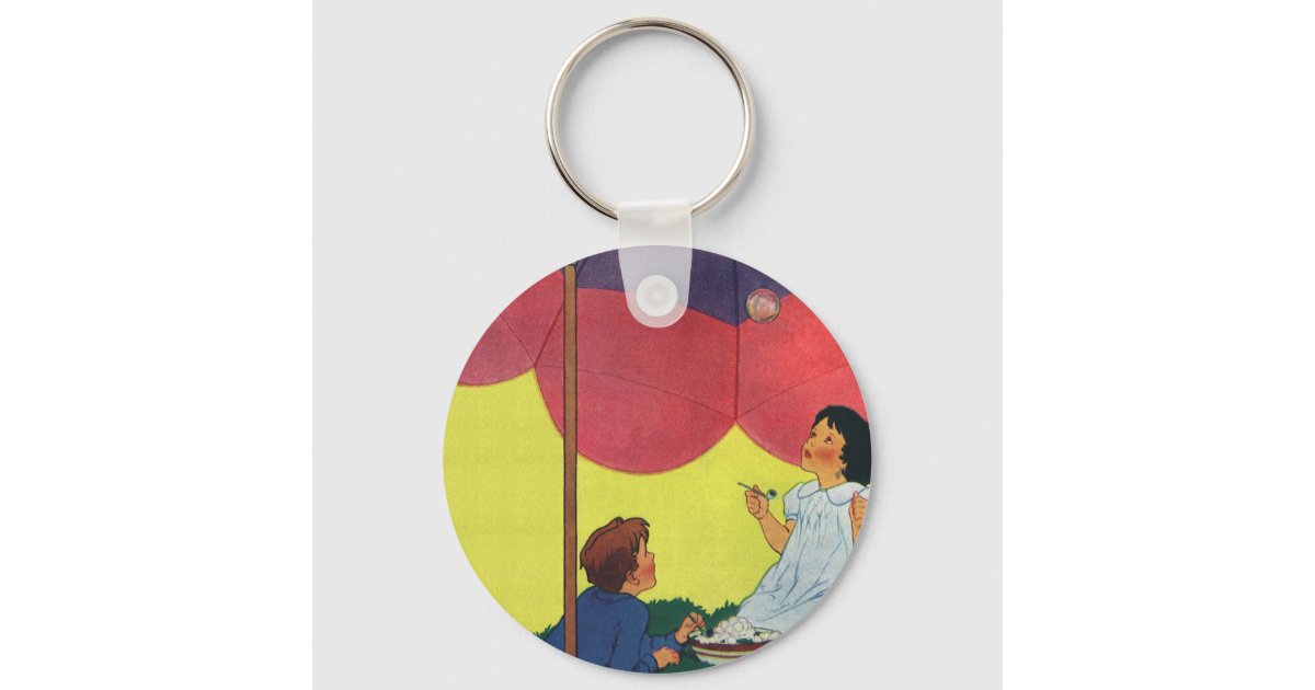 Vintage Children Play Girl and Boy Blowing Bubbles Keychain | Zazzle