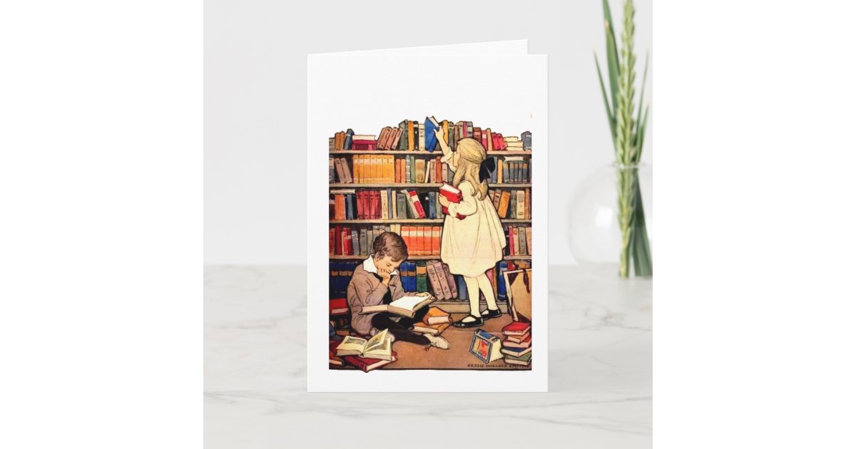 Vintage Children Reading Library Books Blank Card | Zazzle