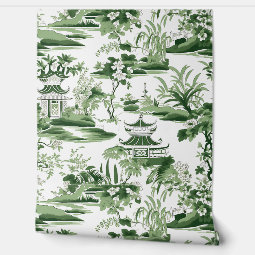 Vintage Chinoiserie Asian Green White Landscape Wallpaper | Zazzle