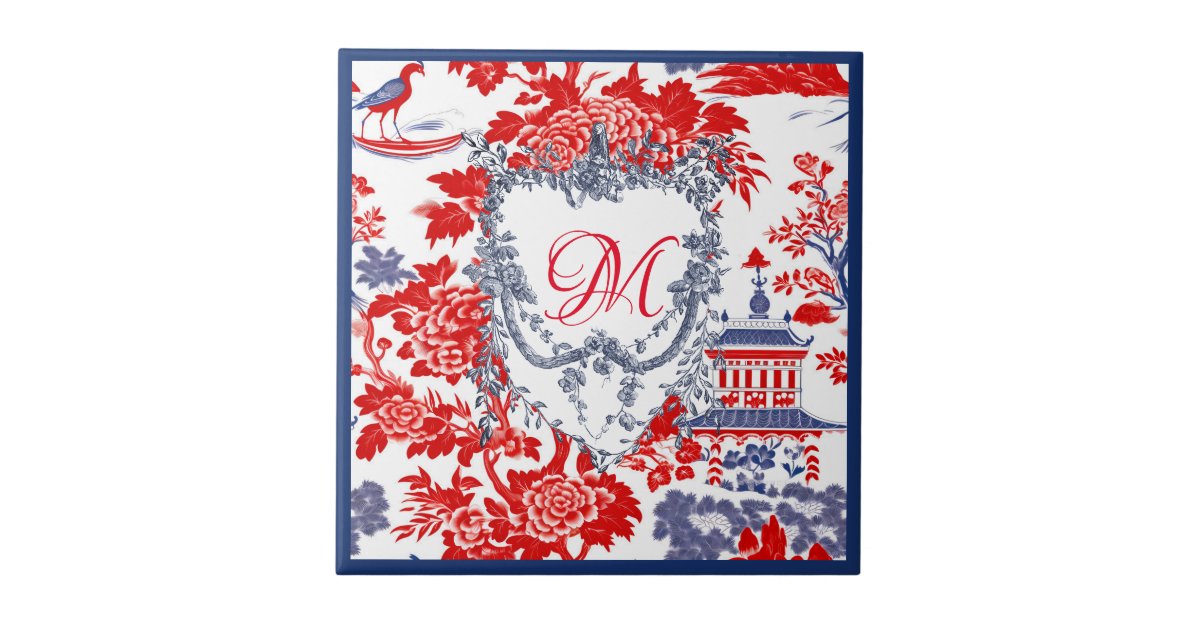 Vintage Chinoiserie Delft French red Blue monogram Ceramic Tile | Zazzle