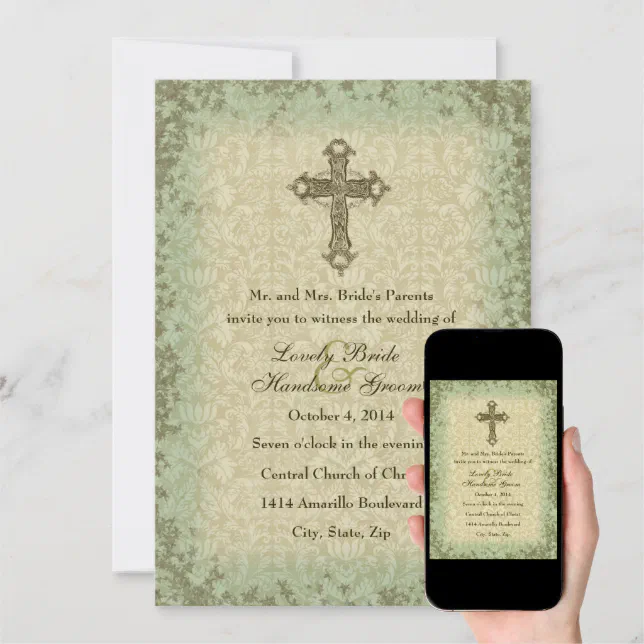 Vintage Christian Cross Wedding Invitation | Zazzle