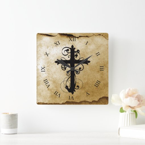 Vintage Christian Swirling Cross Square Wall Clock | Zazzle