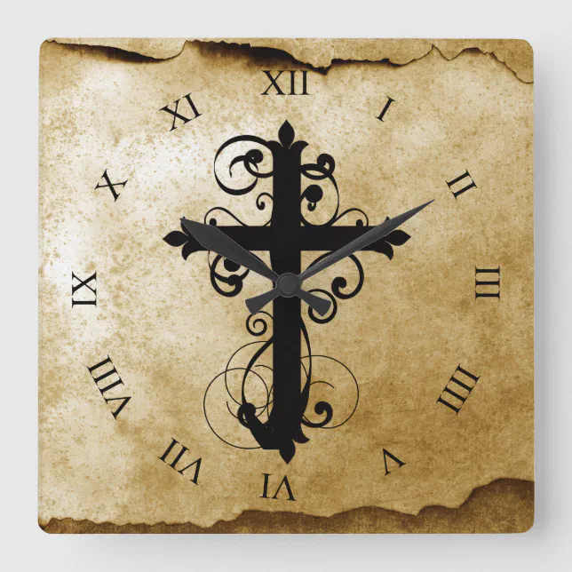 Vintage Christian Swirling Cross Square Wall Clock | Zazzle