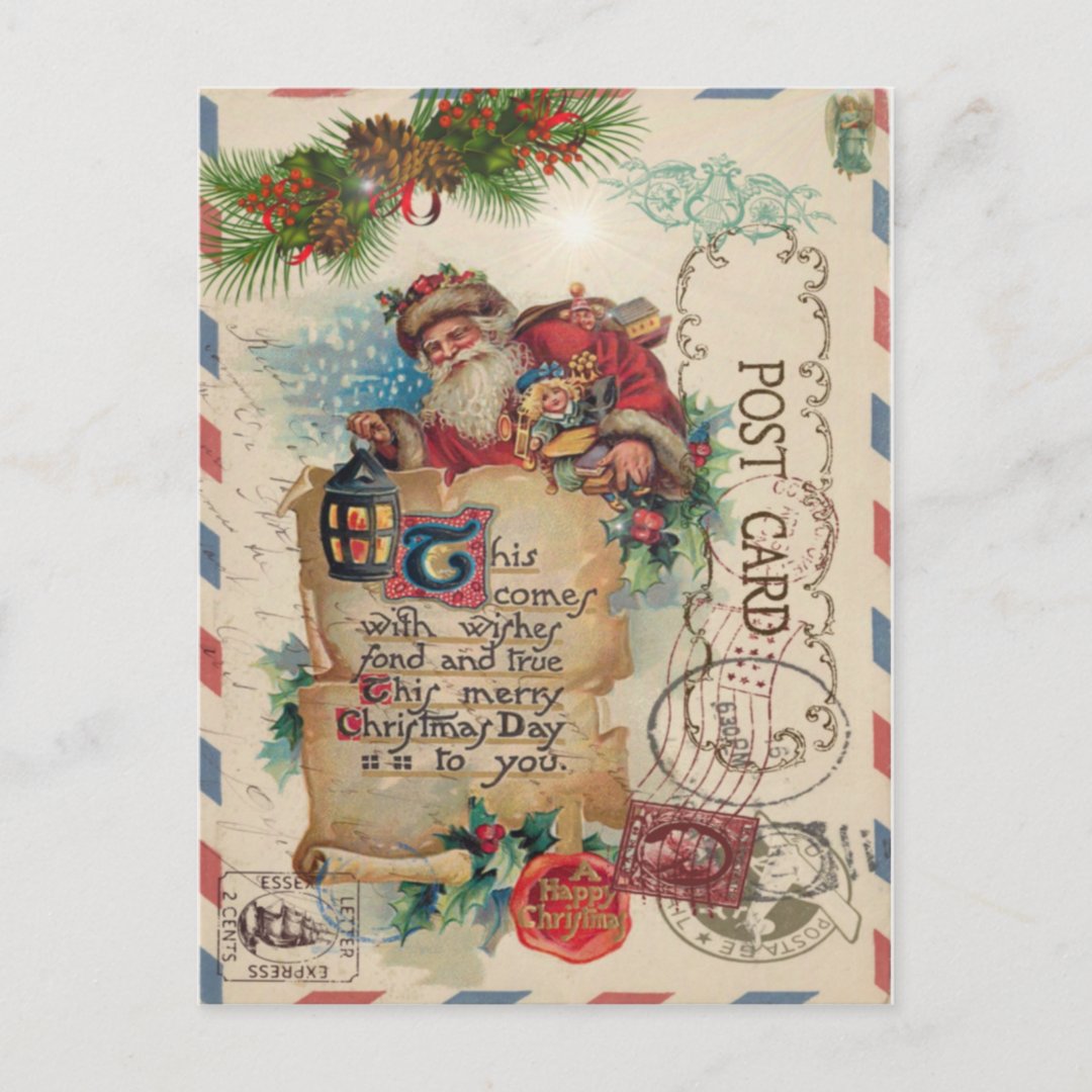 Vintage Christmas Airmail Postcard Santa Claus | Zazzle