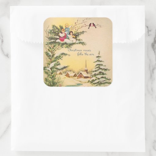 Vintage Christmas Angels In Tree Square Sticker | Zazzle