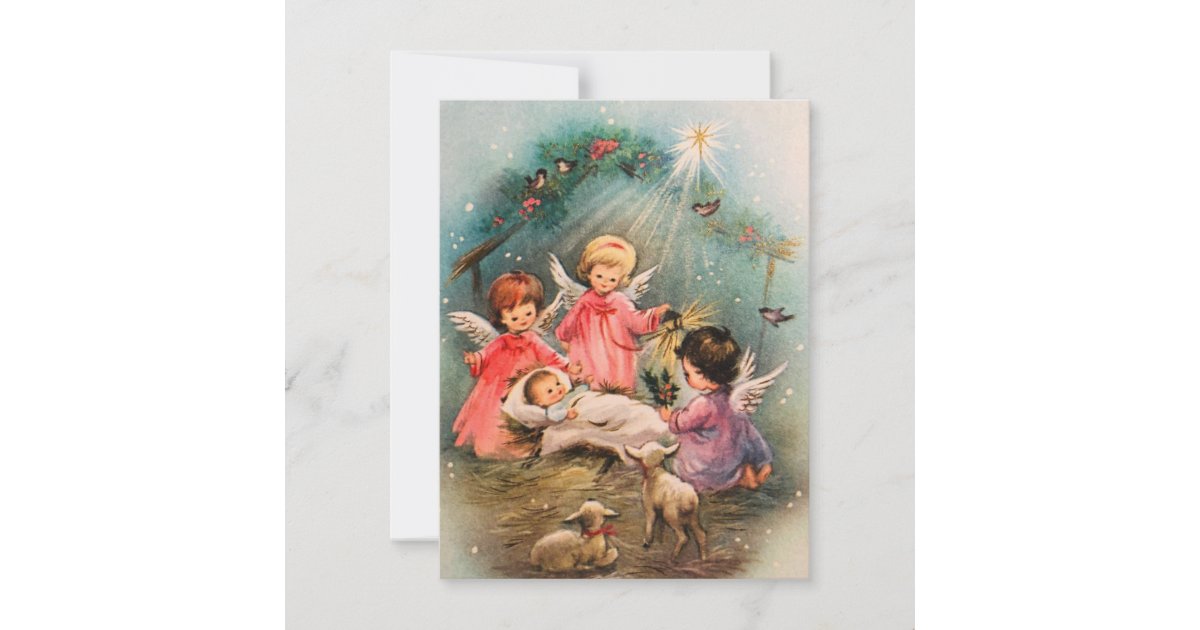 Vintage Christmas Angels Watching Over Baby Jesus Holiday Card | Zazzle