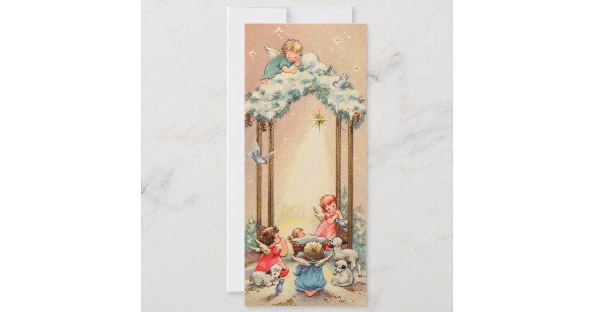 Vintage Christmas Angels Watching Over Baby Jesus Holiday Card | Zazzle