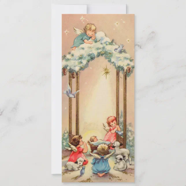 Vintage Christmas Angels Watching Over Baby Jesus Holiday Card | Zazzle
