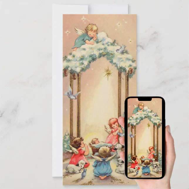 Vintage Christmas Angels Watching Over Baby Jesus Holiday Card | Zazzle
