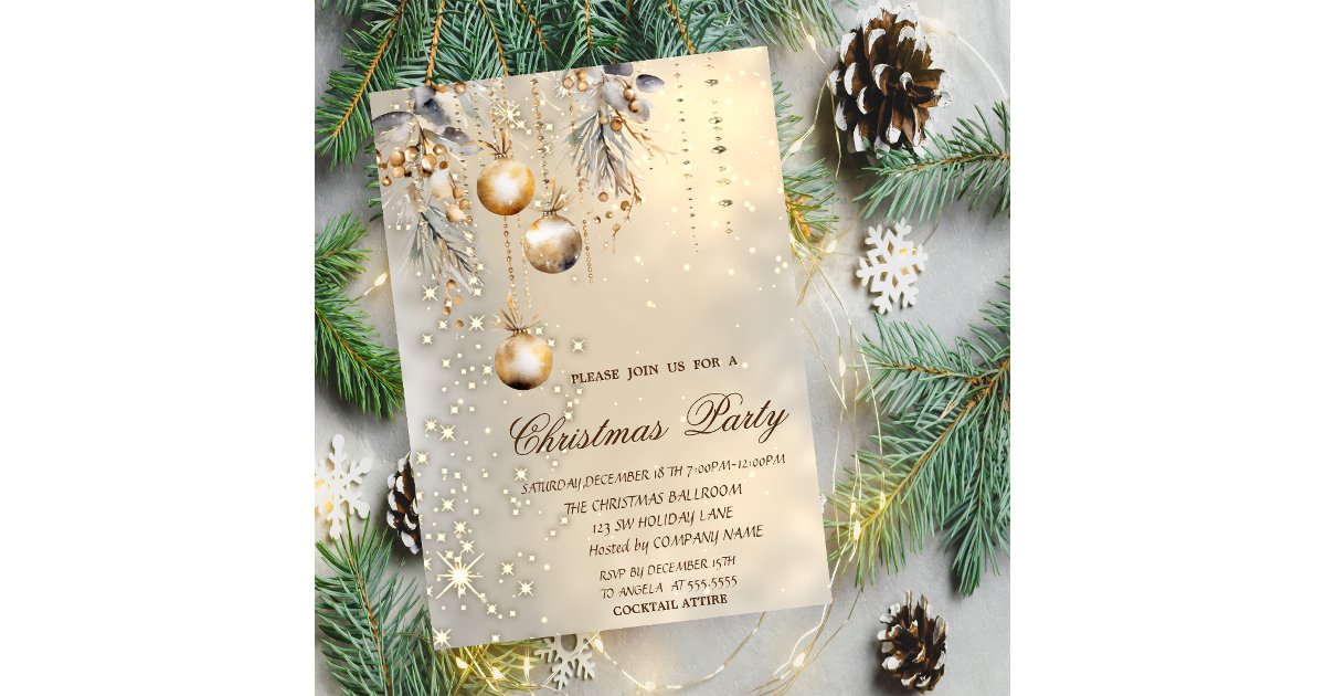 Vintage Christmas Balls Gold Christmas Party Invitation | Zazzle