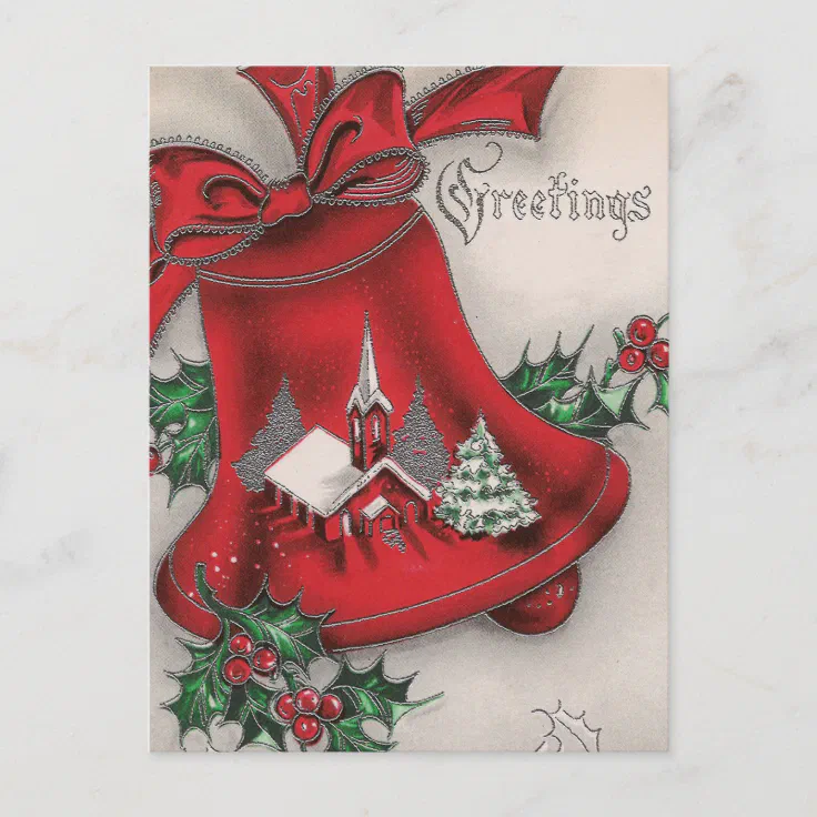 Vintage Christmas bell Holly Church postcard | Zazzle