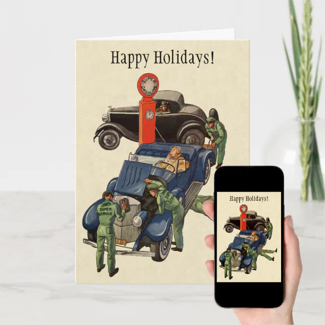 Vintage Christmas Business, Auto Car Gas Station Holiday Card | Zazzle
