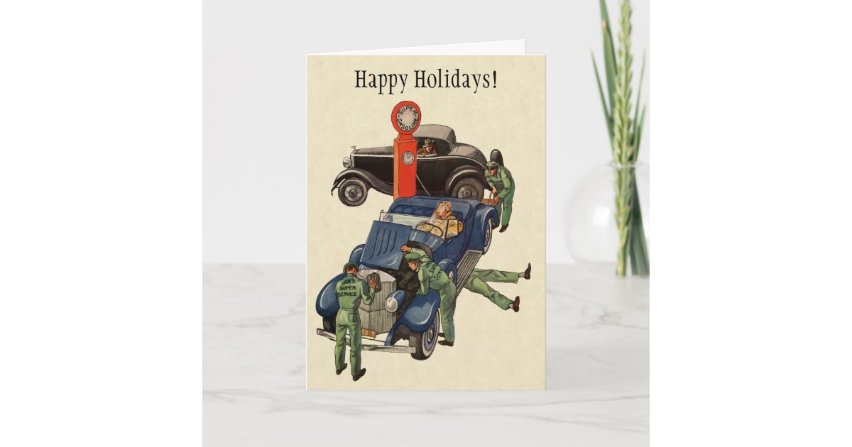 Vintage Christmas Business, Auto Car Gas Station Holiday Card | Zazzle