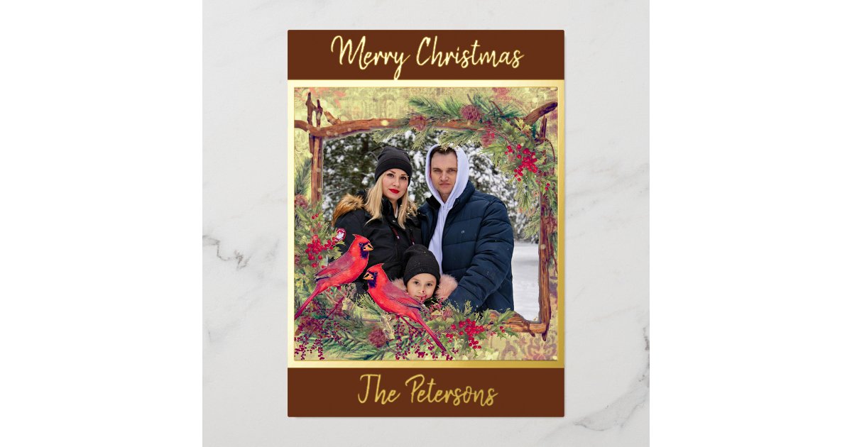 Vintage Christmas cardinals photo frame foil Foil Holiday Card | Zazzle