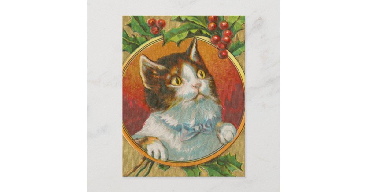 Vintage Christmas Cat Holiday Postcard | Zazzle