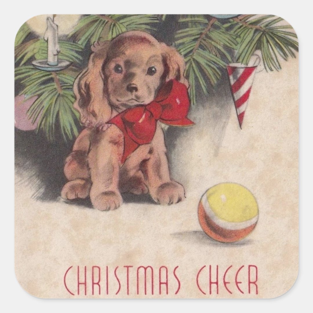 Vintage Christmas Cheer Puppy Square Sticker | Zazzle