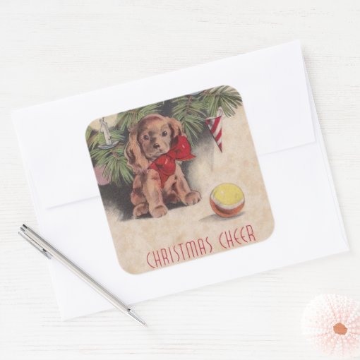 Vintage Christmas Cheer Puppy Square Sticker | Zazzle