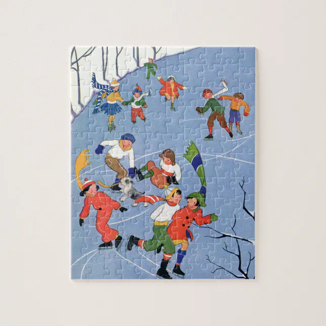 Vintage Christmas, Children Ice Skating on a Lake Jigsaw Puzzle | Zazzle