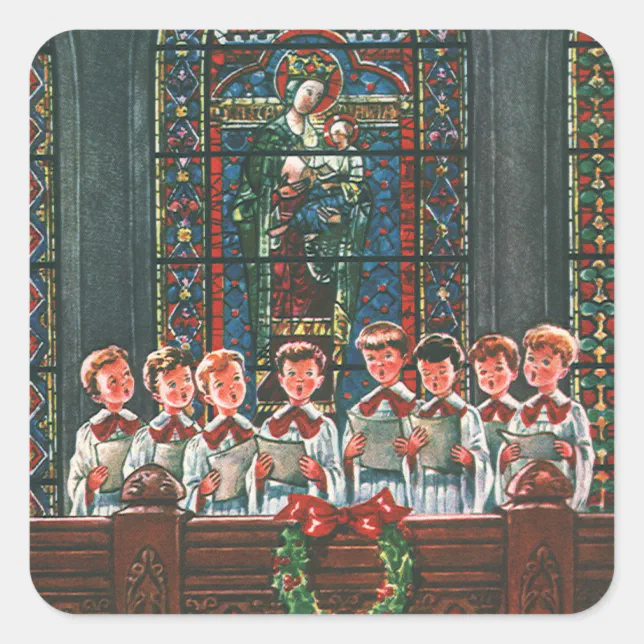 Vintage Christmas Children Singing Choir in Church Square Sticker | Zazzle