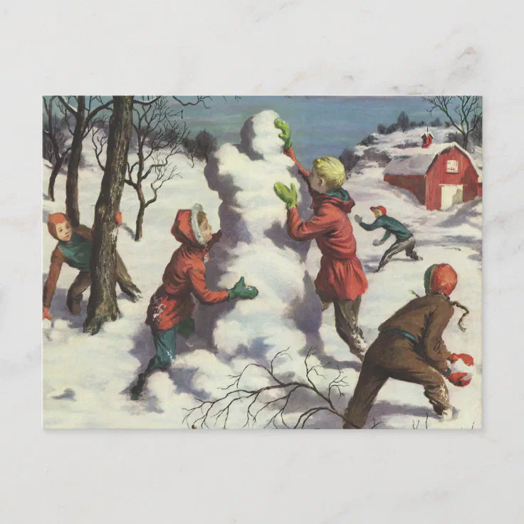 Vintage Christmas, Children Snowball Fight Holiday Postcard | Zazzle