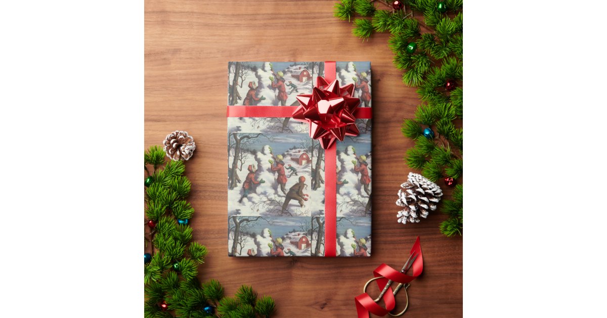 Vintage Christmas, Children Snowball Fight Wrapping Paper | Zazzle