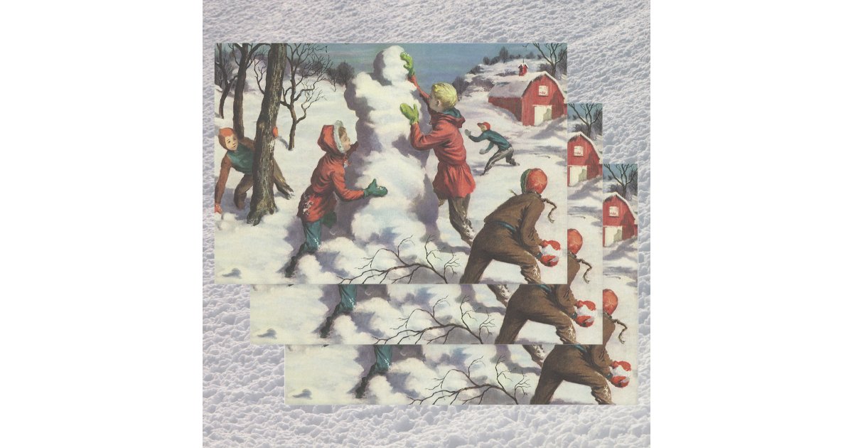 Vintage Christmas, Children Snowball Fight Wrapping Paper Sheets | Zazzle