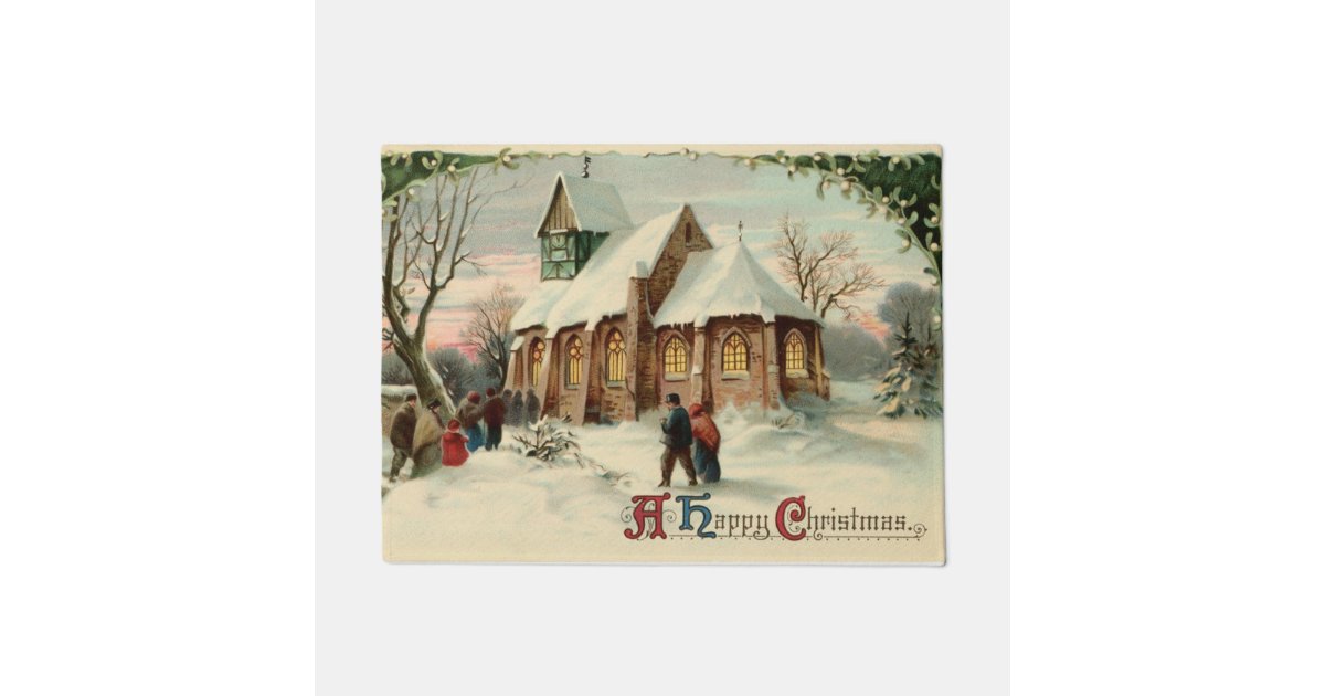 Vintage Christmas Church Scene Holiday Doormat | Zazzle
