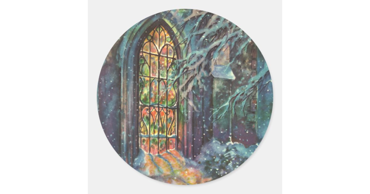 Vintage Christmas Church with Stained Glass Window Classic Round ...