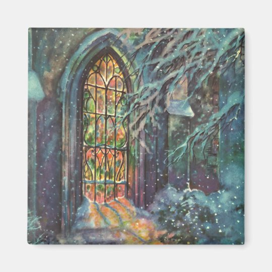 Vintage Christmas Church with Stained Glass Window Magnet | Zazzle.com