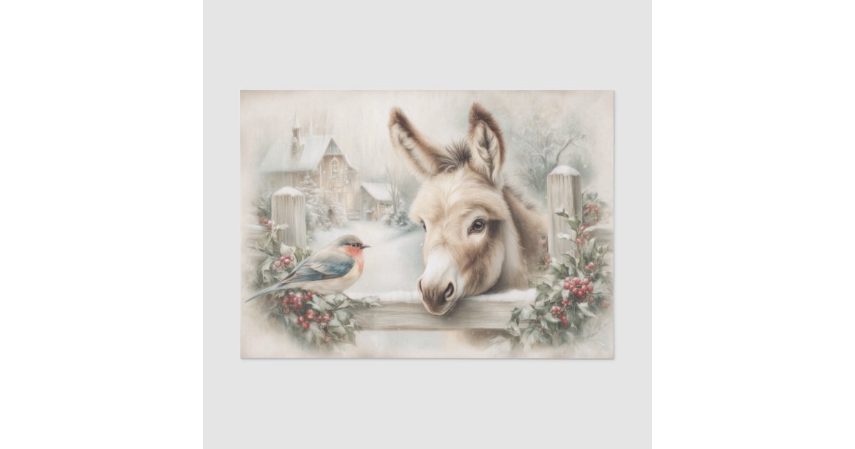 Vintage Christmas Donkey and Robin Decoupage Tissue Paper | Zazzle