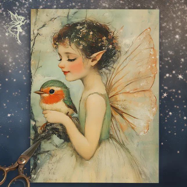 Vintage Christmas Fairy with Robin Whimsical Tissue Paper | Zazzle
