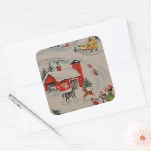 Vintage Christmas farm Holiday sticker | Zazzle