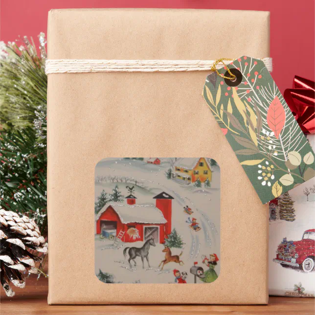 Vintage Christmas farm Holiday sticker | Zazzle