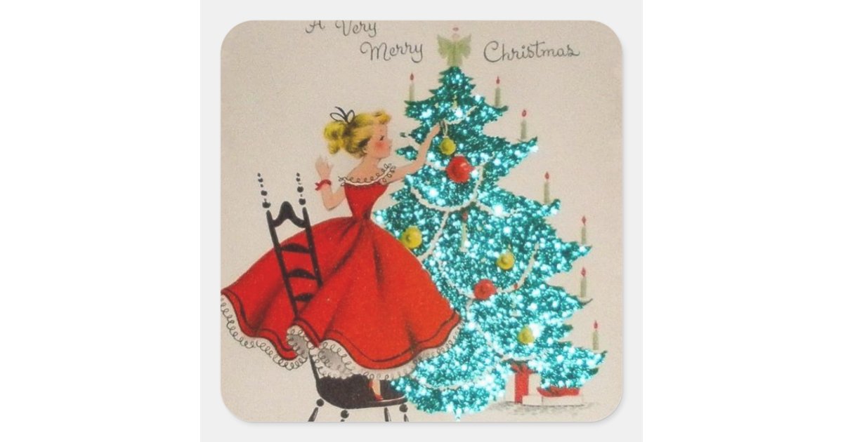 Vintage Christmas Girl Decorating Tree Square Sticker | Zazzle