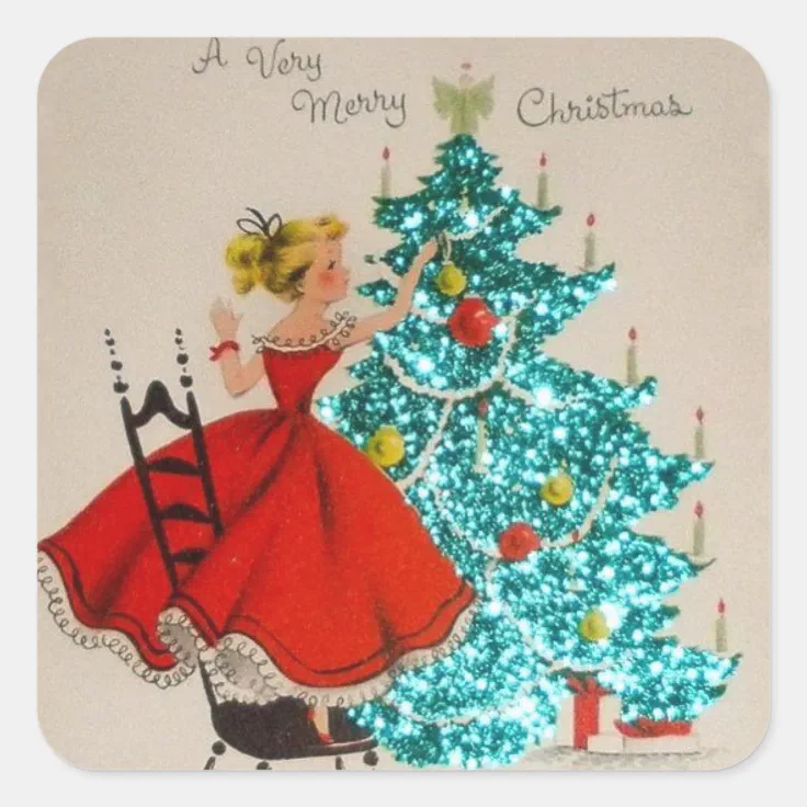 Vintage Christmas Girl Decorating Tree Square Sticker | Zazzle