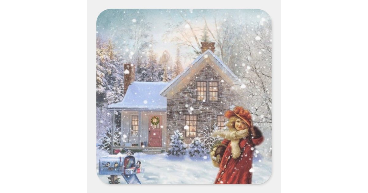Vintage Christmas Girl In the Snow Square Sticker | Zazzle