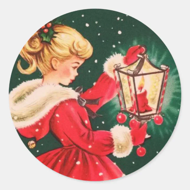Vintage Christmas Girl With Lantern Classic Round Sticker | Zazzle