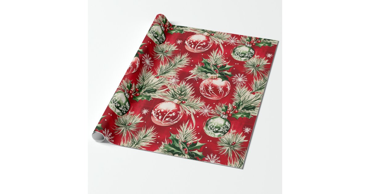 Vintage Christmas Gleaming Ornaments on Crimson Wrapping Paper | Zazzle