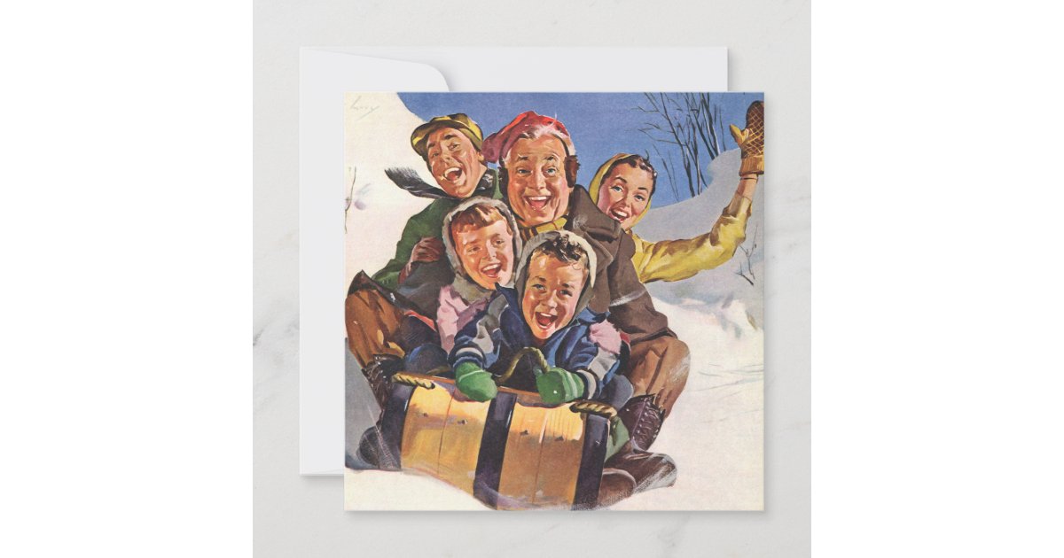 Vintage Christmas, Happy Family Toboggan Sledding Invitation | Zazzle